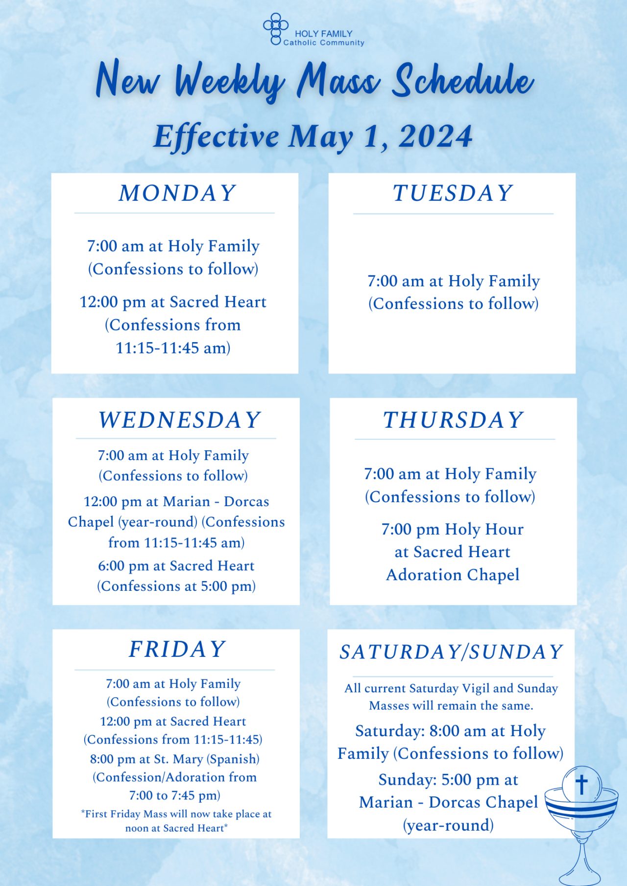Changes come to Mass schedule effective May 1, 2024 - Holy Family ...